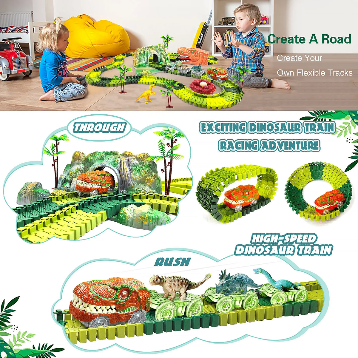 Dinosaur World Road Race Track Set – Flexible Track with Dinosaur Toys ...
